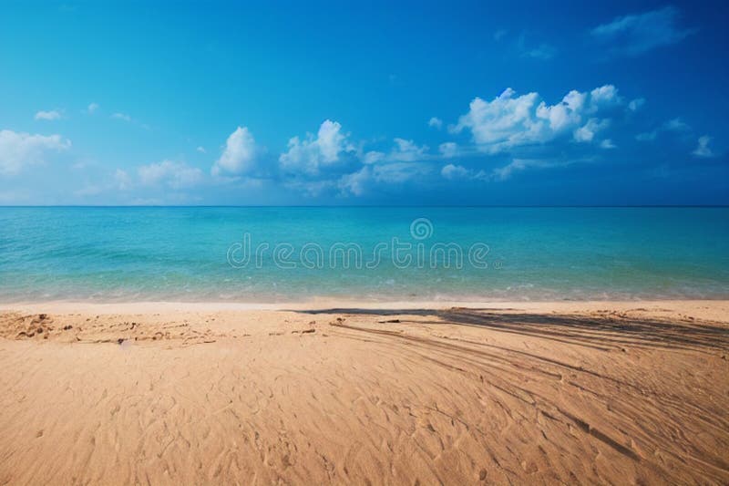 A Beach with a Blue Ocean and Green Trees in the Background Stock ...