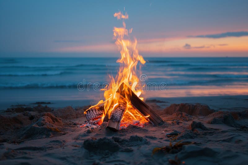 Beach Bonfire with Beautiful Sunset Stock Illustration - Illustration ...