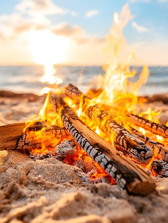 Beach Bonfire at Sunset Burning Wood Logs on Sandy Shore AI Generated ...