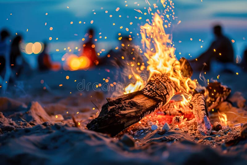 Beach Bonfire at Night, with Flames Dancing and Casting Flickering ...