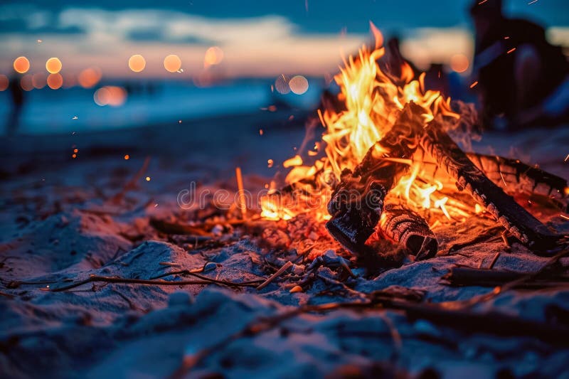 Beach Bonfire at Night, with Flames Dancing and Casting Flickering ...