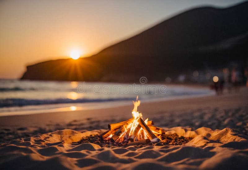 Beach Bonfire Selective Focus with Beautiful Sunset or Sunrise No ...