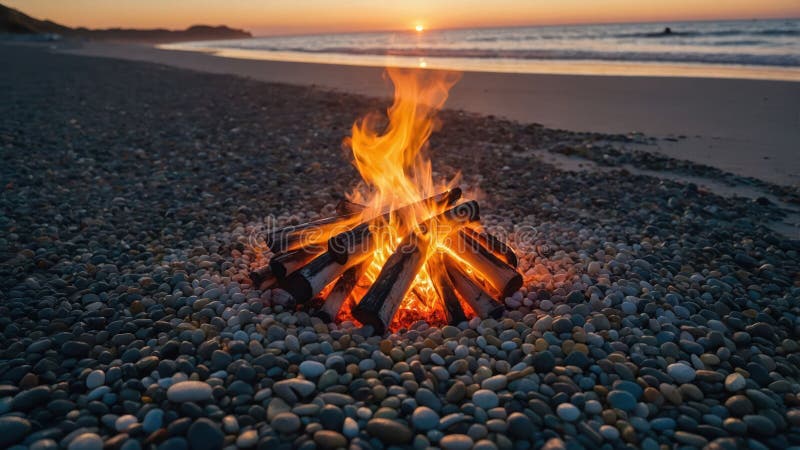 Romantic Beach Bonfire at Sunset: Warm Fire on Pebbles Stock ...