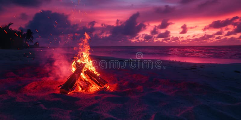 Beach Bonfire Sunset Fiery Night Scene Background Wallpaper Stock ...