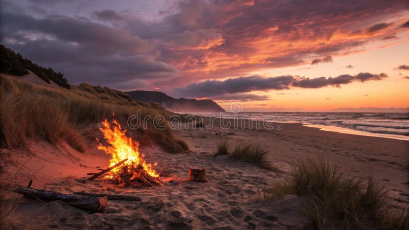Beach Bonfire Sunset Landscape Photography, Ocean, Fire Stock ...