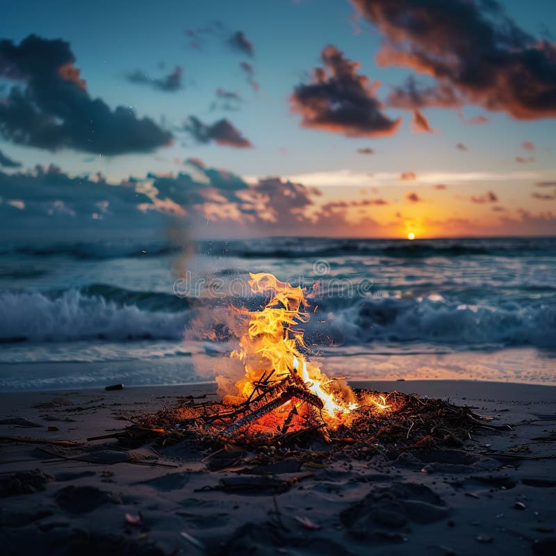 Beach Bonfire at Sunset with Ocean Waves Stock Illustration ...