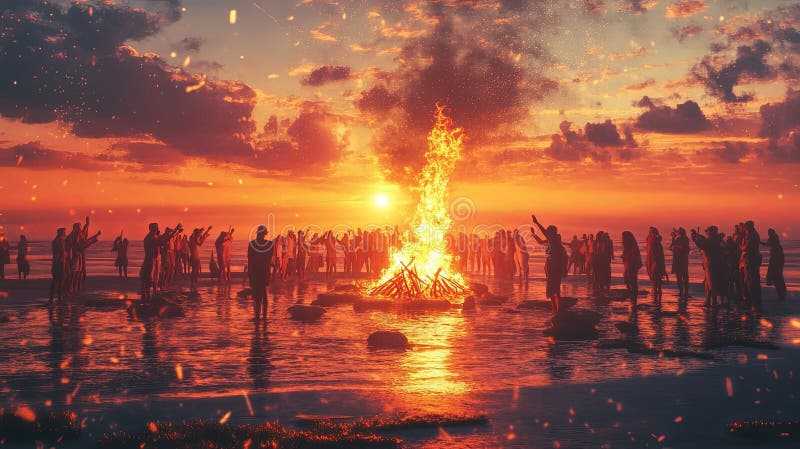 Beach Bonfire at Sunset, People Singing and Dancing. Stock Photo - Image of sunset, glowing ...