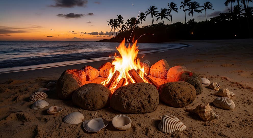Beach Bonfire Sunset Ocean Fire Rocks Shells Sand Tropical Evening Palms Stock Illustration ...