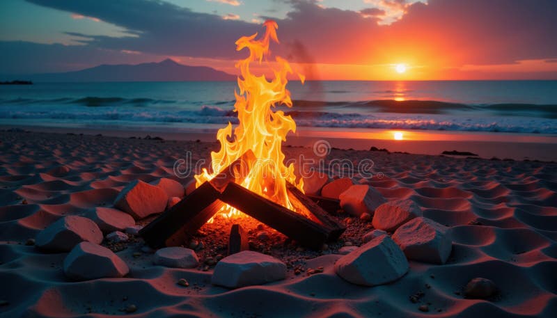 A beach bonfire at sunset stock illustration. Illustration of burning ...