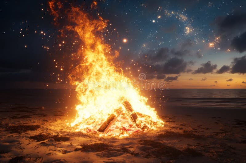 Beach Bonfire at Sunset Under a Starry Sky with Ocean Waves Gently ...