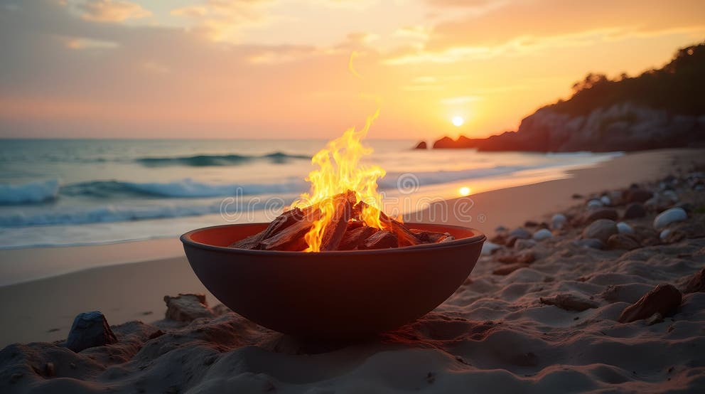 Beach Bonfire at Sunset stock illustration. Illustration of sand ...