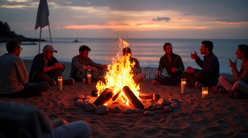 Beach Bonfire at Sunset stock illustration. Illustration of journey ...