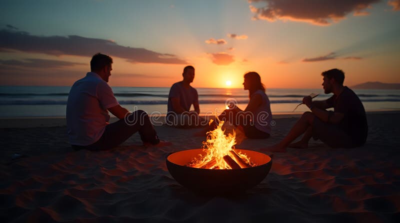Beach Bonfire at Sunset stock illustration. Illustration of coastline ...