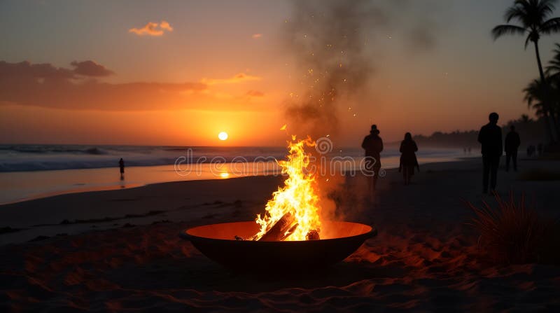 Beach Bonfire at Sunset stock illustration. Illustration of glow ...