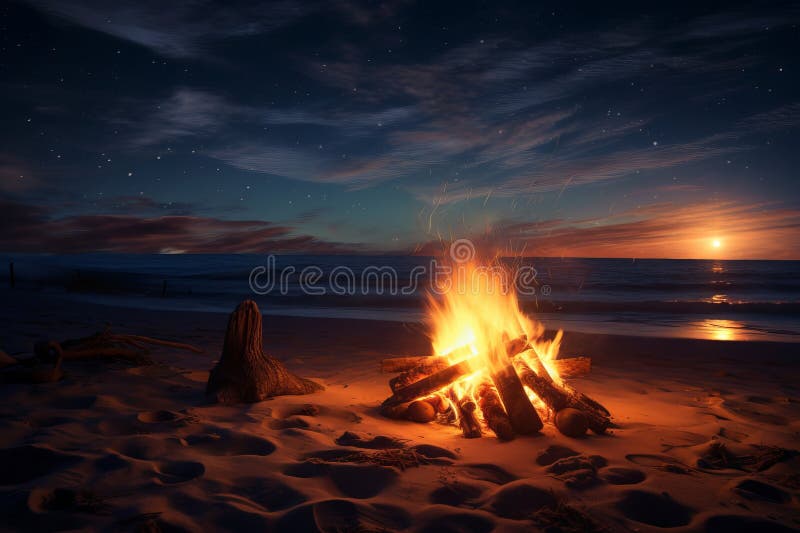 A Beach Bonfire Under a Starlit Sky Stock Illustration - Illustration ...