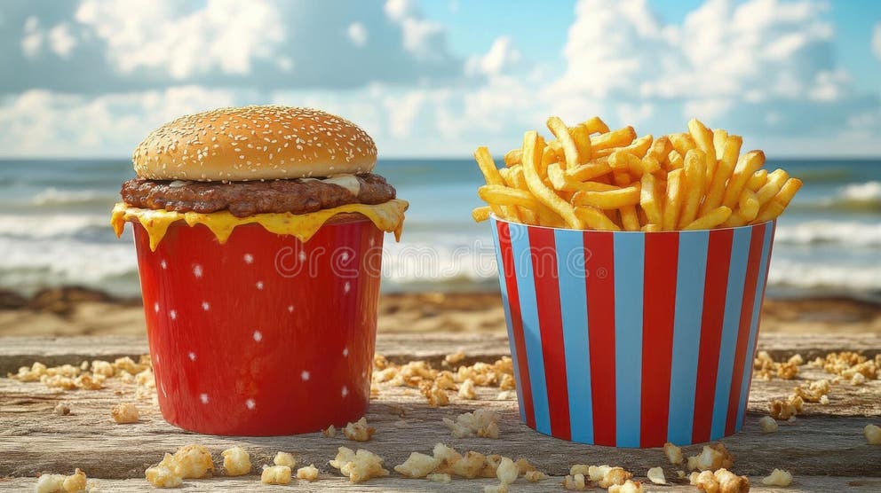 Beach Burger & Fries stock illustration. Illustration of coast - 365355314