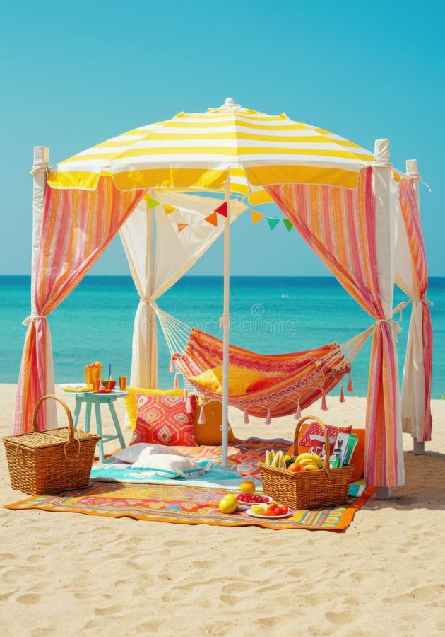 Beach Cabana with Hammock and Picnic Setup Stock Illustration ...