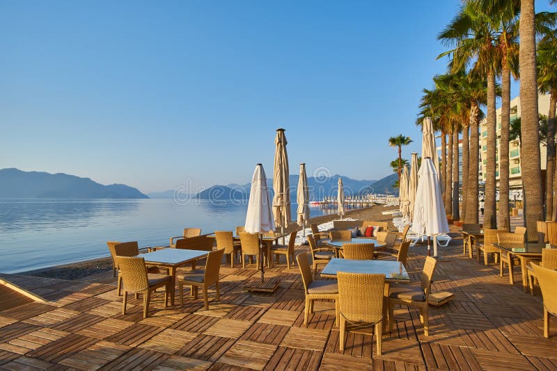 Beach Cafe at Dawn. Empty Tables in a Cafe, a Sunny Morning on the ...