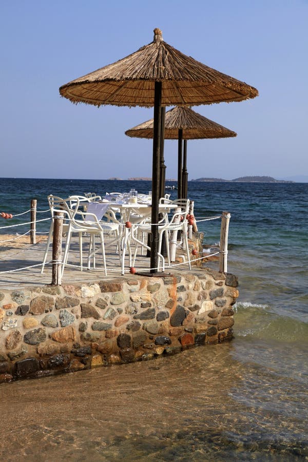 Beach Cafe on Sea Pier, Greece. Stock Photo - Image of napkin, harbor ...