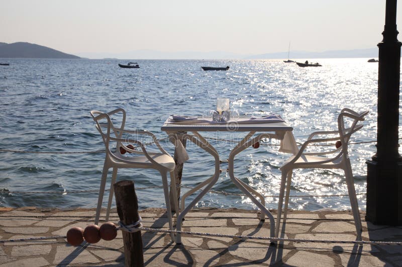 Beach Cafe with Sunset Sea View (Greece). Stock Image - Image of blue ...