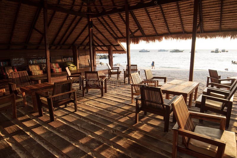 Beach Cafe with Wooden Tables and Chairs Stock Photo - Image of ...