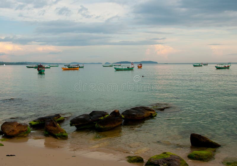 Beach in Cambodia stock photo. Image of sunset, fishermen - 61598646