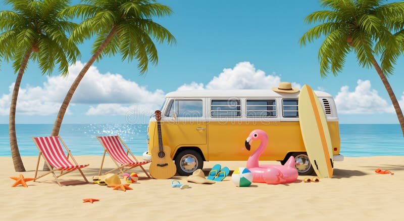 Beach Camper Van with Chairs and Palms Stock Illustration ...