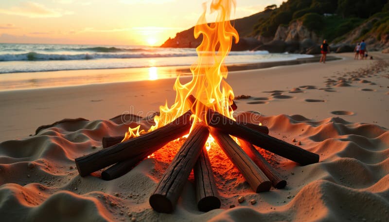 Beach campfire at sunset stock illustration. Illustration of logs ...
