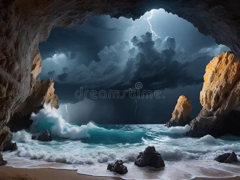 A Beach with a Cave and a Lightning Bolt Stock Illustration ...
