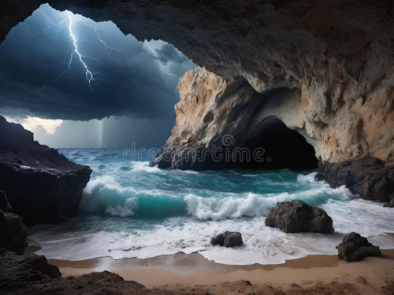 A Beach with a Cave and a Lightning Bolt Stock Illustration ...