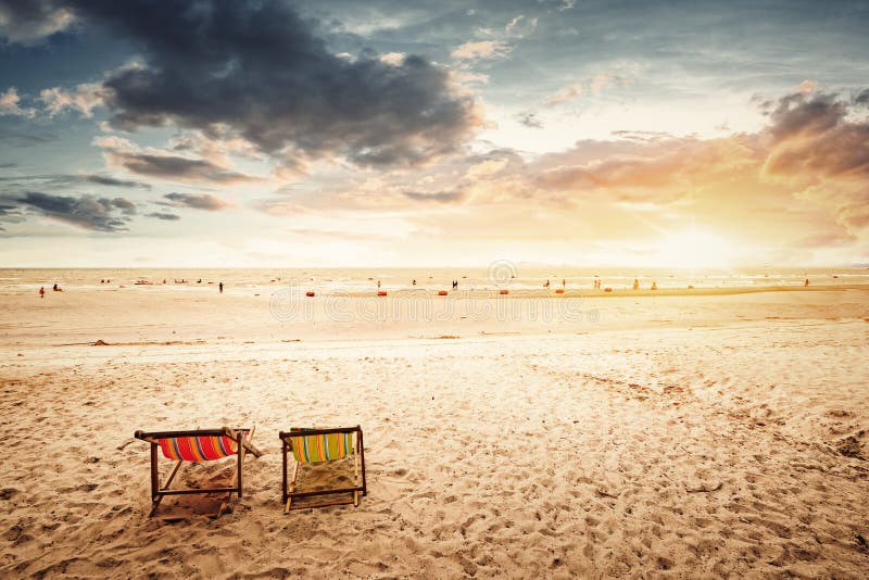 Beach Chair on the Beach with Sunset. Stock Image - Image of beautiful ...