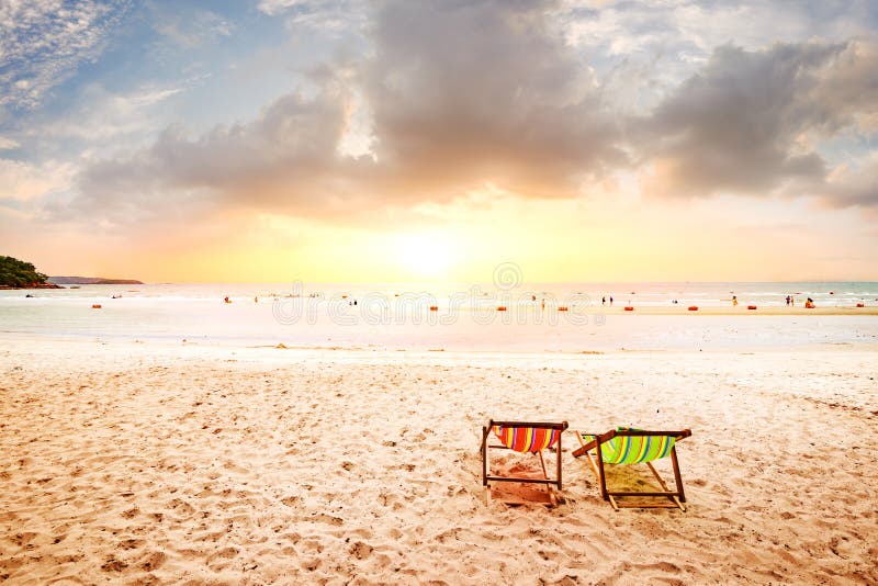 Beach Chair on the Beach with Sunset. Stock Photo - Image of exotic ...