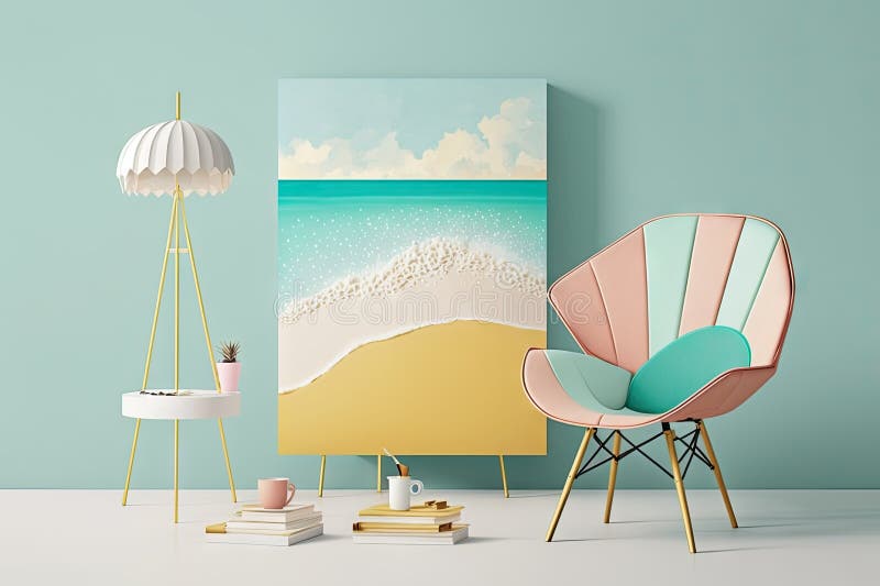 Beach Chair Ocean Illustration with Light Pastel Colored. Ai Generative ...