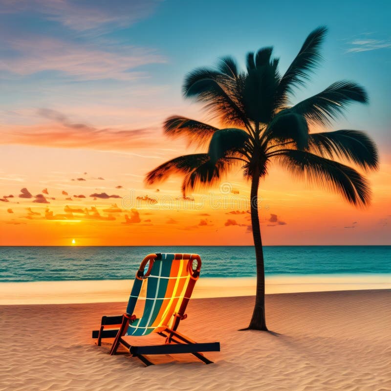 Beach with Chair and Palm during a Sunset at a Tropical Beach Stock ...
