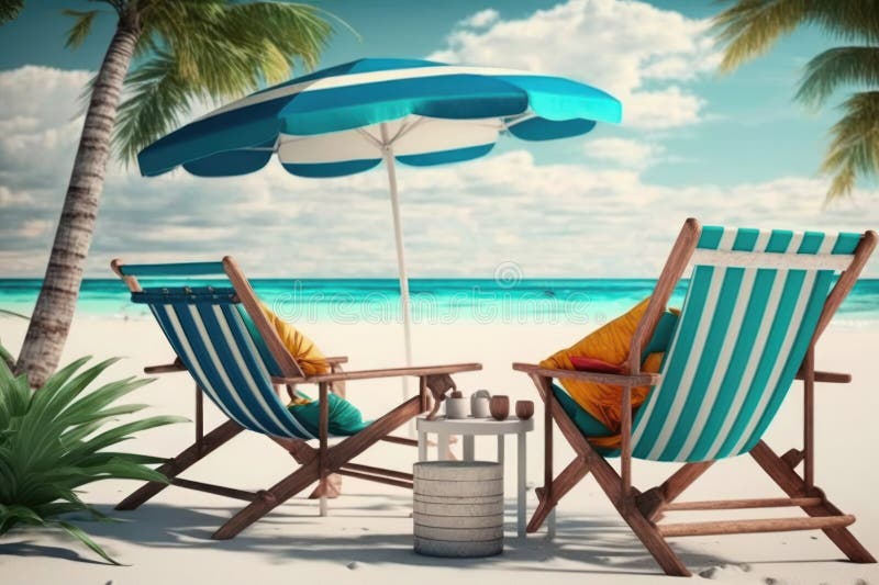 Beach Chairs with Parasol on Tropical Sandy Beach Stock Photo - Image ...