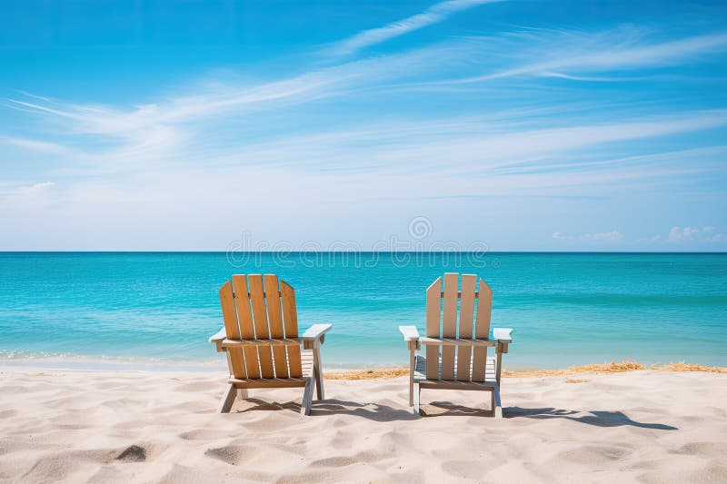Beach Chairs On The Sand And Blue Sky Background With Copy Space