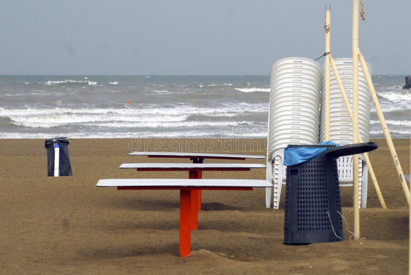 Beach with Chairs and Trashcans Stock Photo - Image of waste, relax ...
