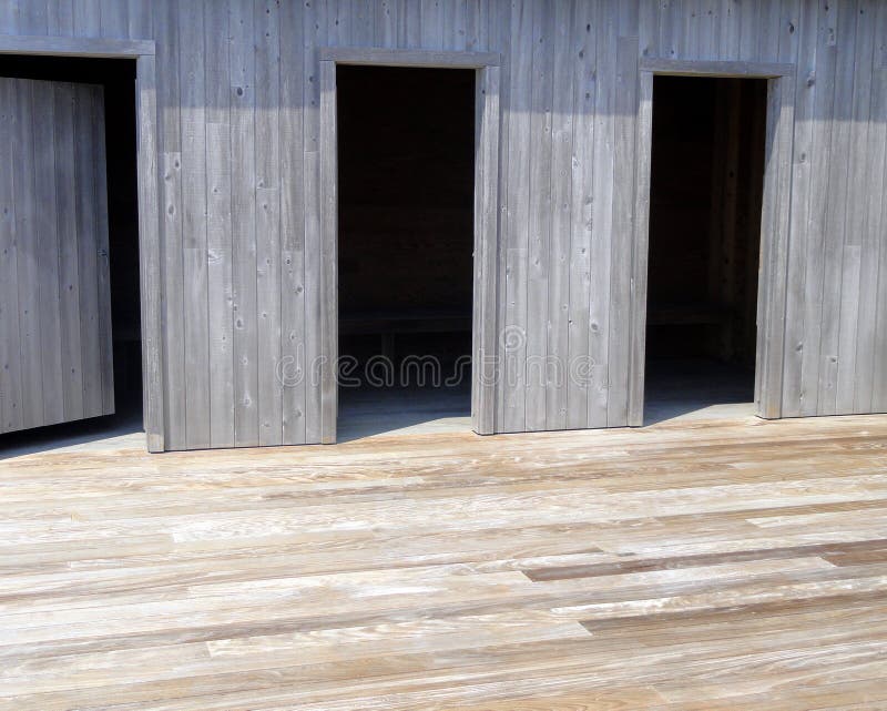 Beach Changing Cabins with Blue Doors Stock Photo - Image of vegetation ...