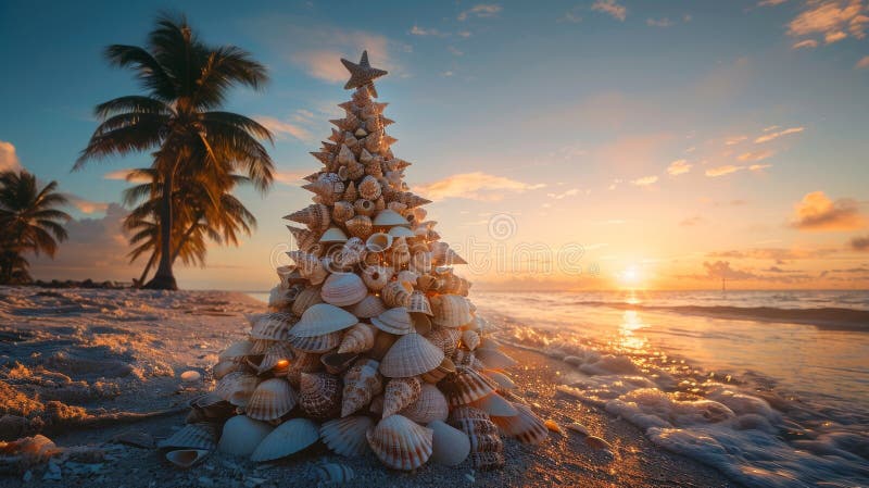 Beach Christmas with Seashell Tree at Sunset: Tropical Holiday ...