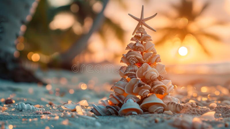 Beach Christmas Tree Made of Shells at Sunset with Palm Trees in the ...