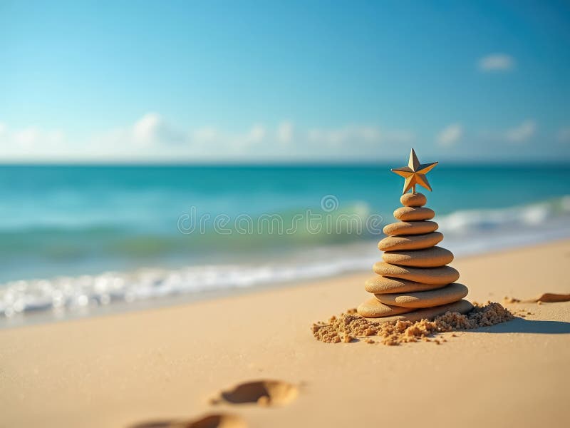 Beach Christmas Tree Made of Stacked Pebbles. AI Generation Stock Photo ...