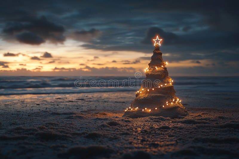 Beach Christmas Tree at Sunset Stock Photo - Image of dusk, tree: 337299014