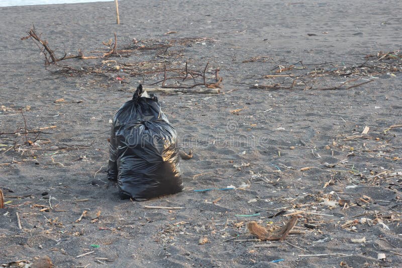 Beach Clean Moment with Garbage Collection on Big Black Plastic Stock ...