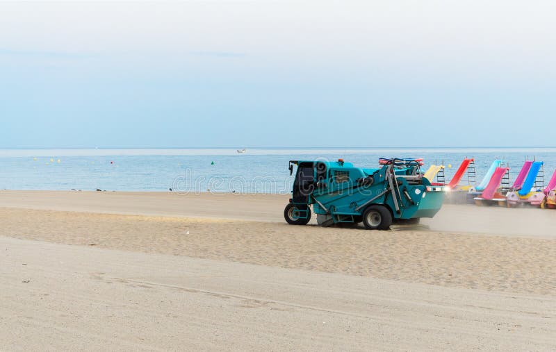 Beach Cleaning Machine on Sand. Copy Space. Stock Photo - Image of ...