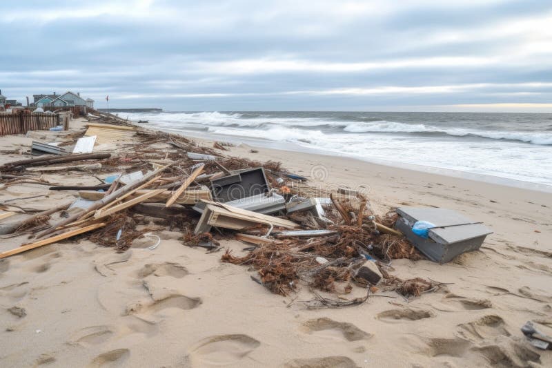 Beach Cleanup after Storm, with Debris and Wreckage from the Storm ...