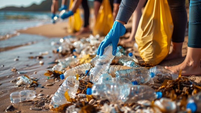 Beach Cleanup Volunteers Collecting Plastic Waste Stock Illustration ...