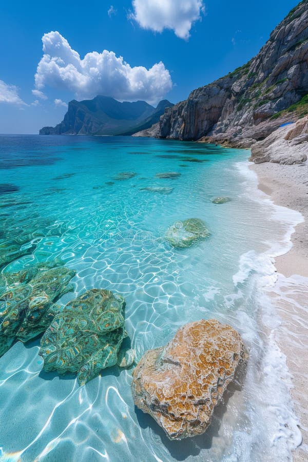 A Beach with Clear Water and Rocks in the Ocean, AI Stock Photo - Image ...