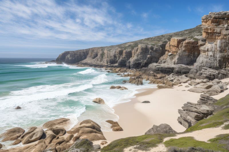 Beach with Coastal Cliffs and Rock Formations in the Background, with ...