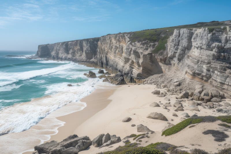 Beach with Coastal Cliffs and Rock Formations in the Background, with ...