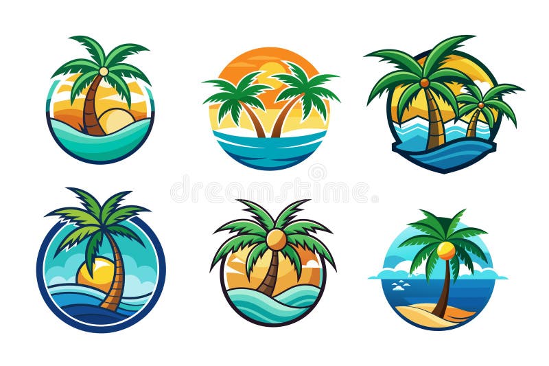 Beach with Coconut Tree Logo Set, Vector, Illustration Stock Vector ...